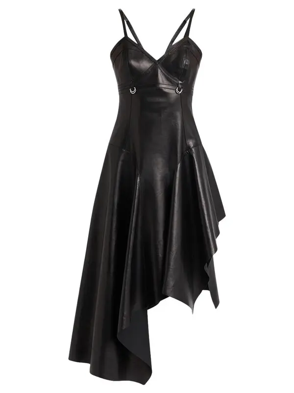 Alexander McQueen Asymmetric Draped Leather Dress - Black