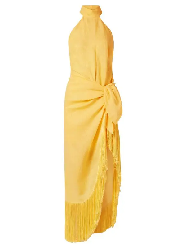 TALLER MARMO Athena Fringe Linen Midi Dress - Yellow