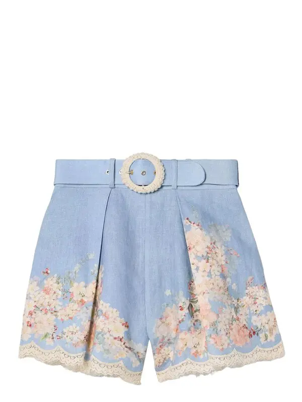 Zimmermann Cascadian Belted Lace-trimmed Pleated Floral-print Linen Shorts - Blue