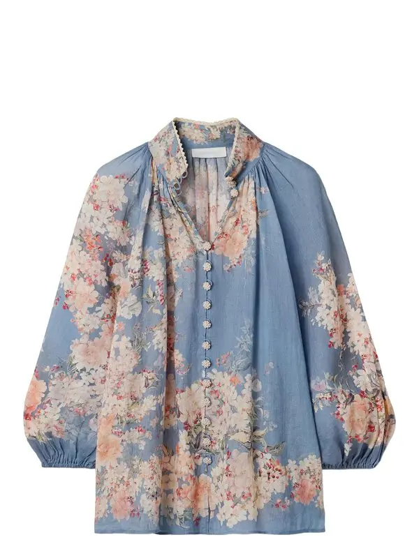 Zimmermann Cascadian Lace-trimmed Floral-print Ramie Blouse - Blue