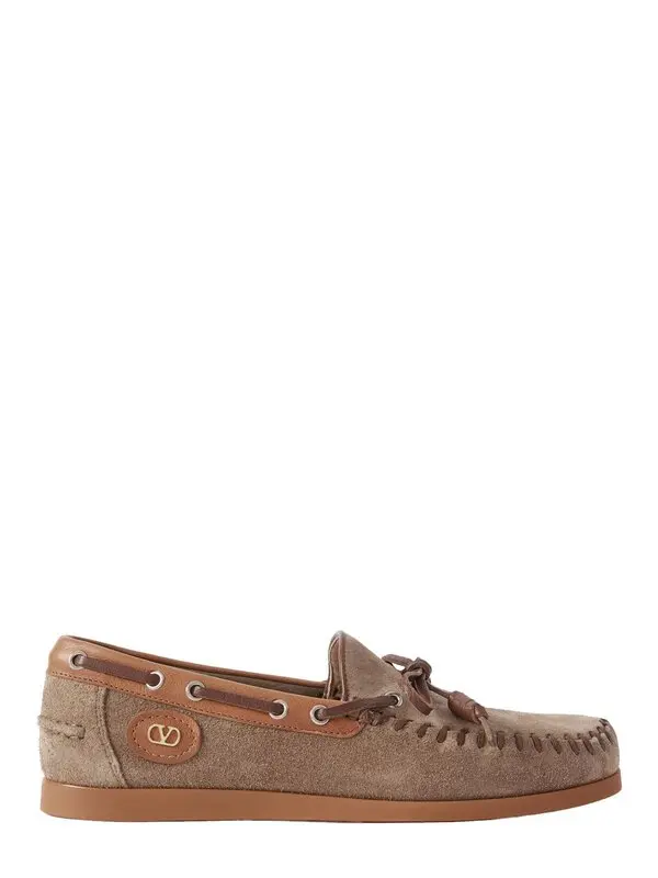 Valentino Garavani Logo-embellished Leather-trimmed Suede Boat Shoes - Brown