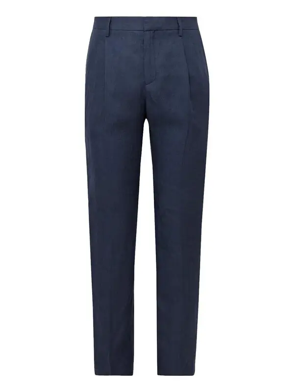Sunspel Tapered Pleated Linen Suit Trousers - Blue