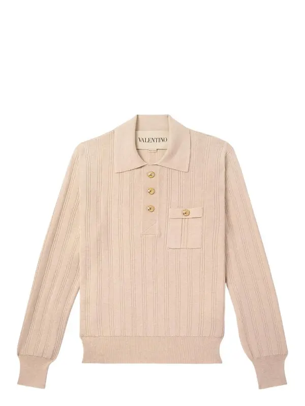 Valentino Garavani Ribbed Cotton Polo Shirt - Neutrals