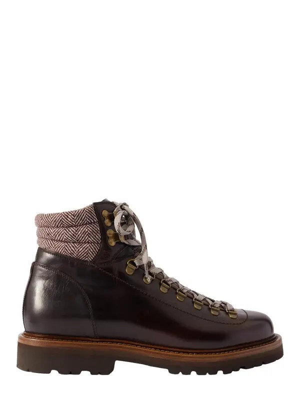 Brunello Cucinelli Wool And Cashmere-blend Trimmed Glossed-leather Boots - Burgundy