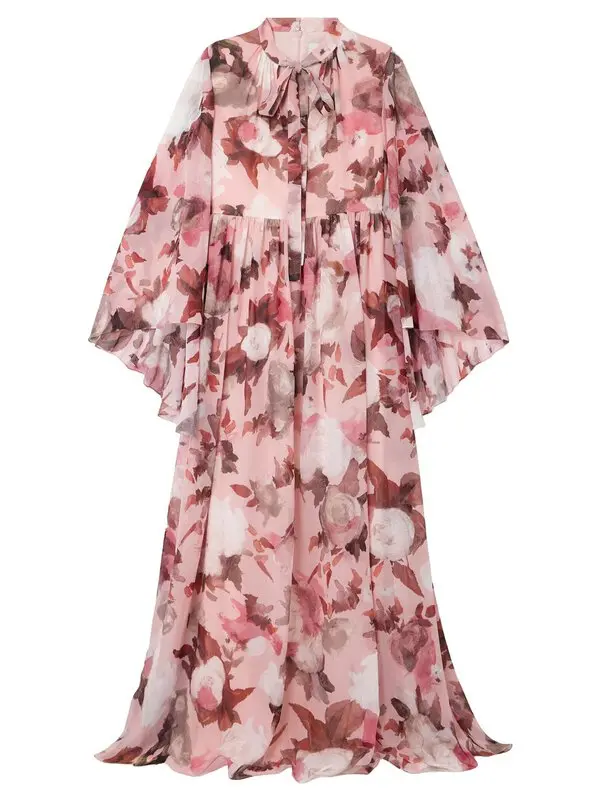 Erdem Cape-effect Floral-print Silk-voile Gown - Pink