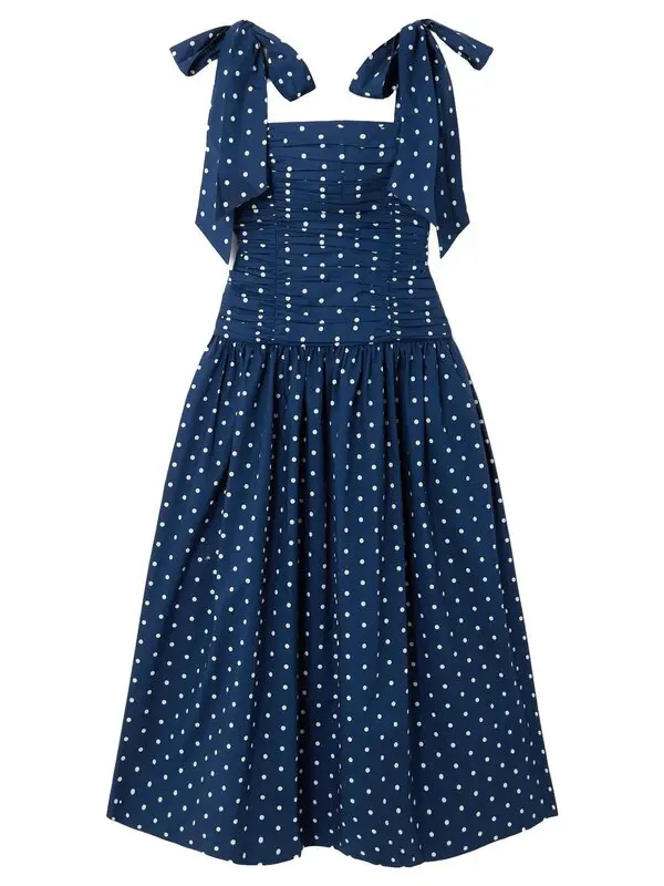 Cara Cara Rahi Tie-detailed Ruched Polka-dot Cotton Midi Dress - Blue