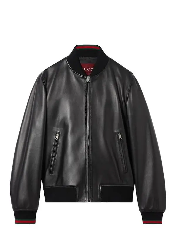 Gucci Leather Bomber Jacket With Web - Black