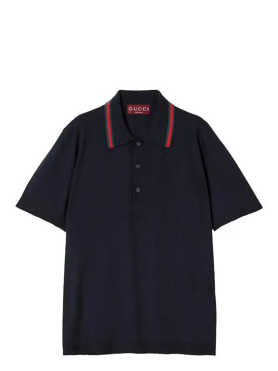 Gucci Wool Knit Polo Shirt With Web - Blue