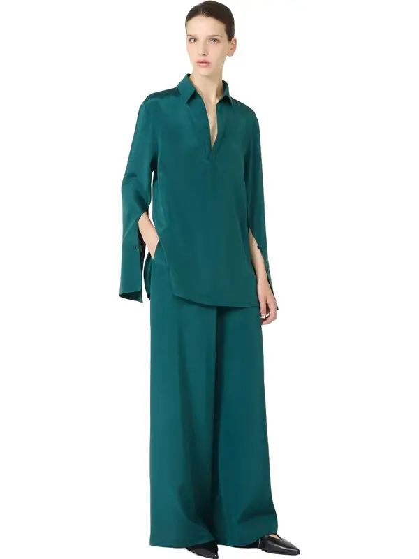 Max Mara Comfortable Trousers In Stretch Crêpe De Chine - Dark Green