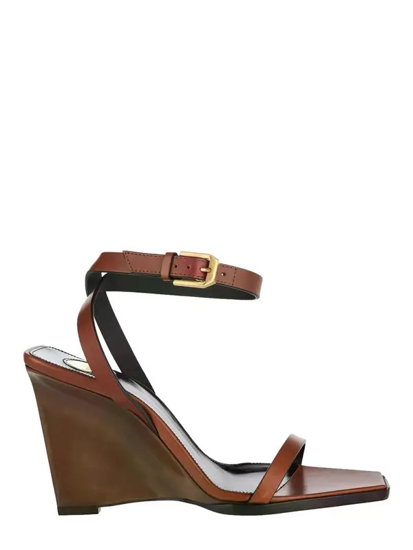 Saint Laurent 90mm May Leather Wedge Sandals - Brown
