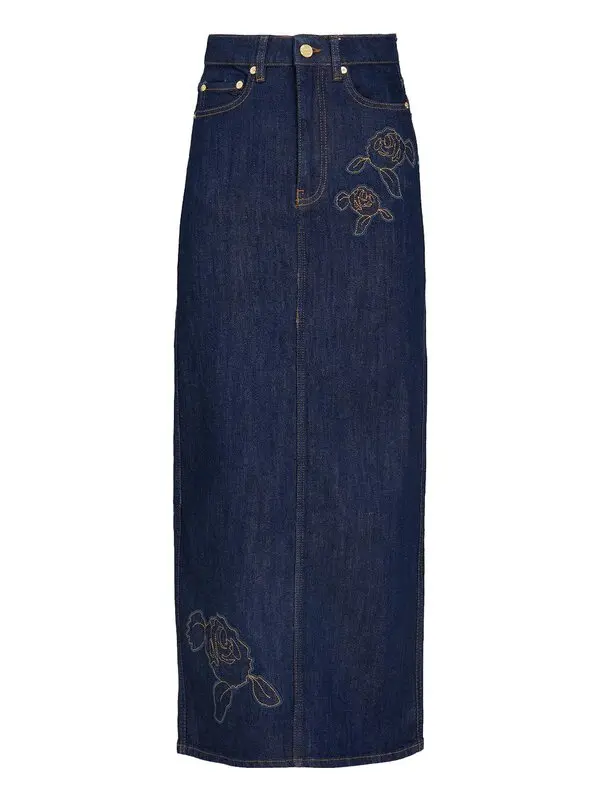 GANNI Appliquéd Denim Midi Pencil Skirt - Dark Denim