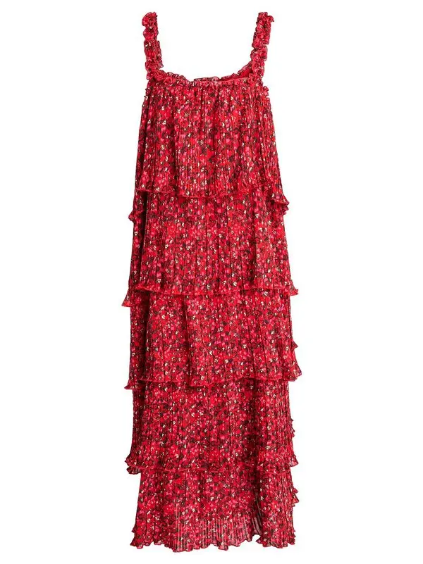 GANNI Floral-print Plissé Chiffon Midi Dress - Red