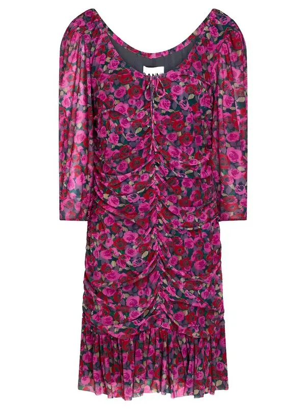 GANNI Ruched Floral-print Mini Dress - Magenta