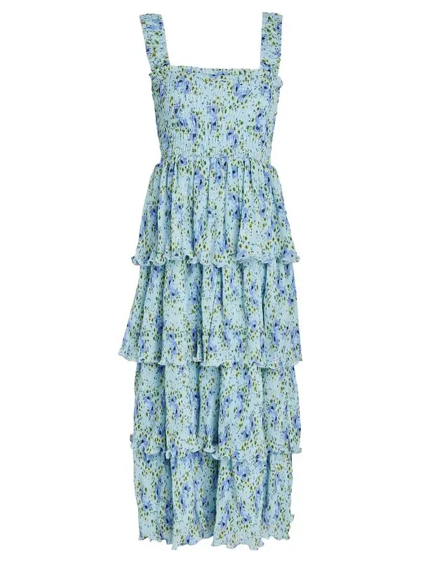 GANNI Floral-print Plissé Chiffon Midi Dress - Light Blue
