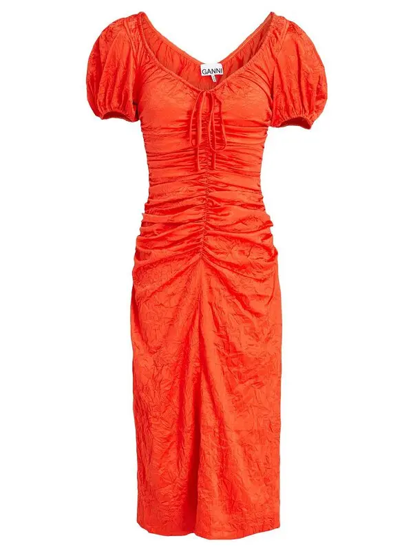 GANNI Ruched Crinkled Stretch-satin Midi Dress - Tomato Red