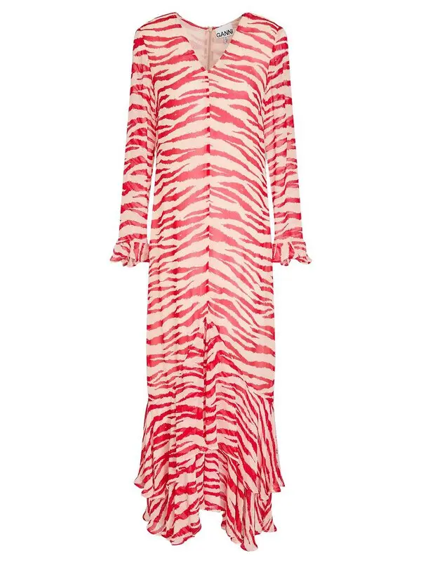 GANNI Ruffled Tiger-print Chiffon Maxi Dress - Red