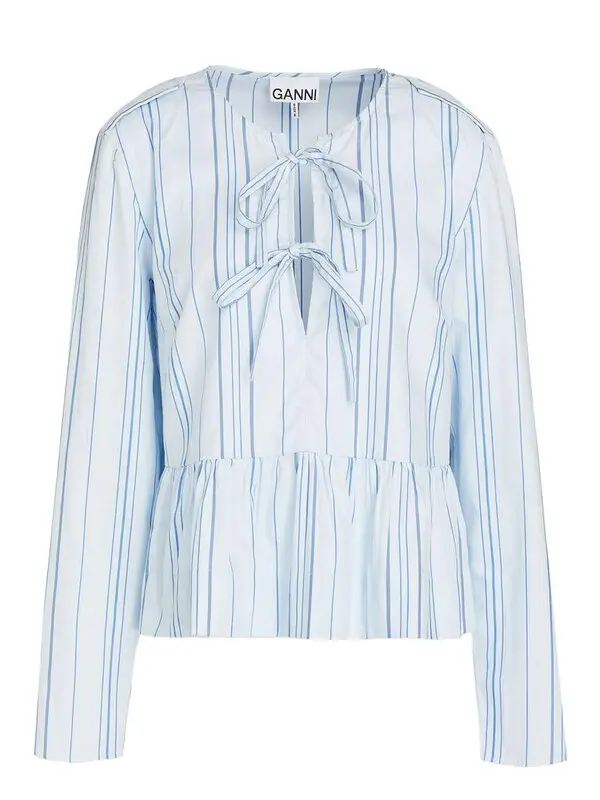 GANNI Striped Cotton-jacquard Top With Tie - Light Blue