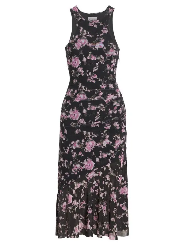 GANNI Ruched Floral-print Stretch-mesh Midi Dress - Charcoal
