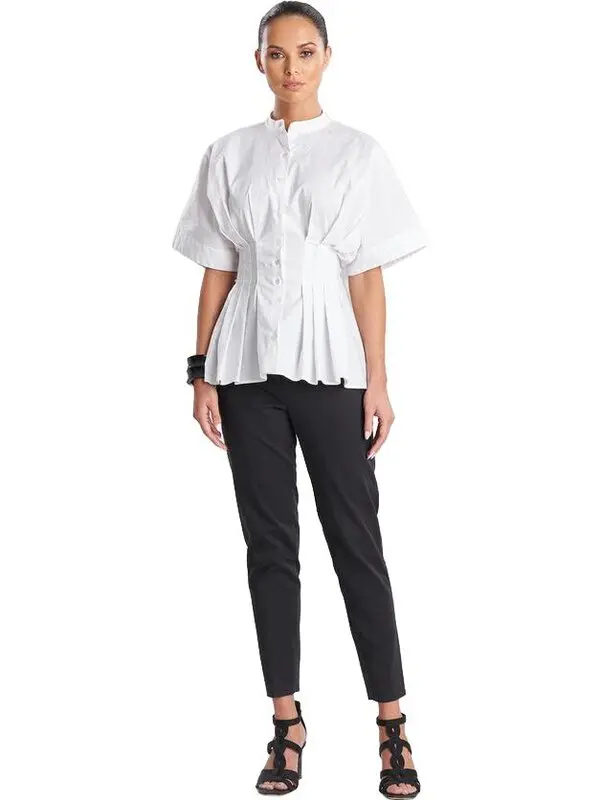 Natori Cotton Poplin Pleated Mandarin Top - White
