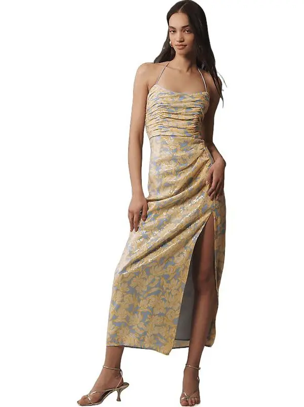 HUTCH Tylia Sleeveless Ruched Side-slit Sequin Maxi Dress - Sky Floral