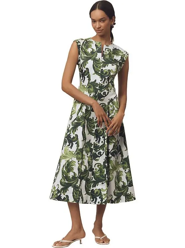 Maeve Cap-sleeve Drop-waist Midi Dress - Green Pattern