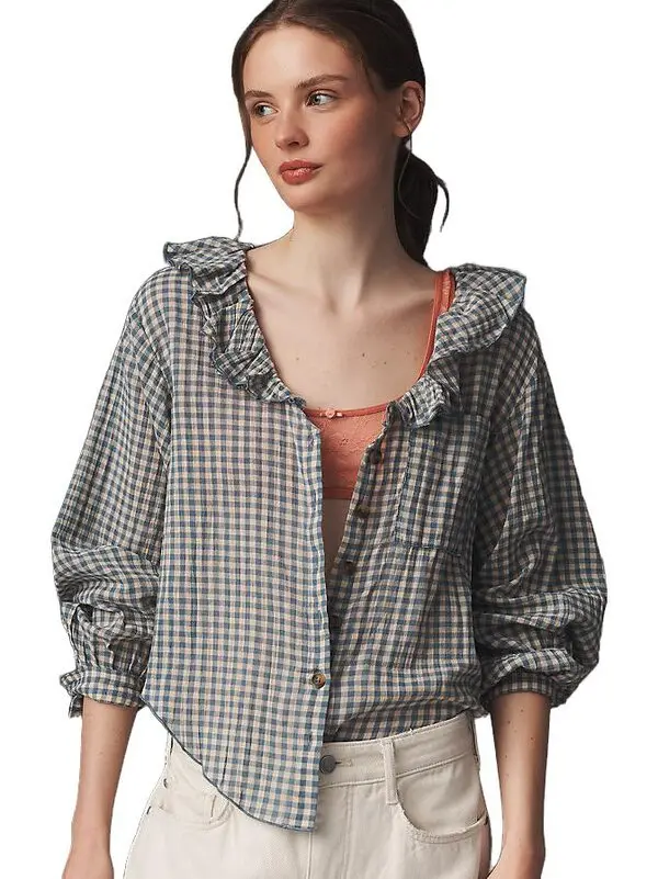 PILCRO Remy Ruffle-collar Buttondown Shirt - Blue