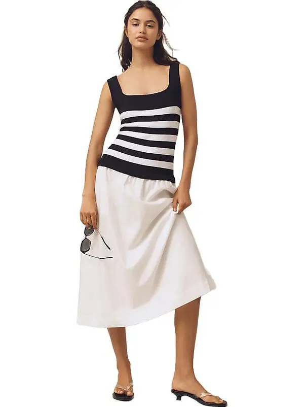 Central Park West Striped Bodice Midi Dress - Black & White