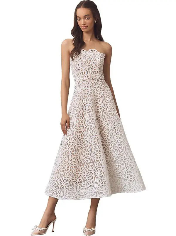 MILLY Petunia Strapless Lace A-line Midi Dress - White