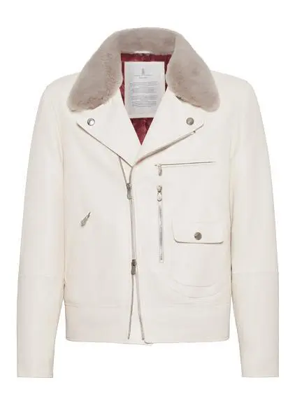Brunello Cucinelli Nappa Leather Padded Biker Jacket - Ivory