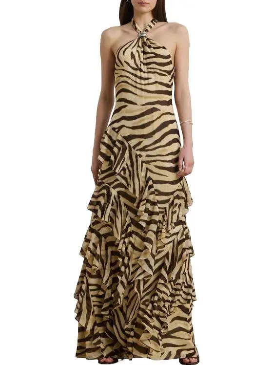 Ralph Lauren Ruffle Printed Gown - Cream/brown