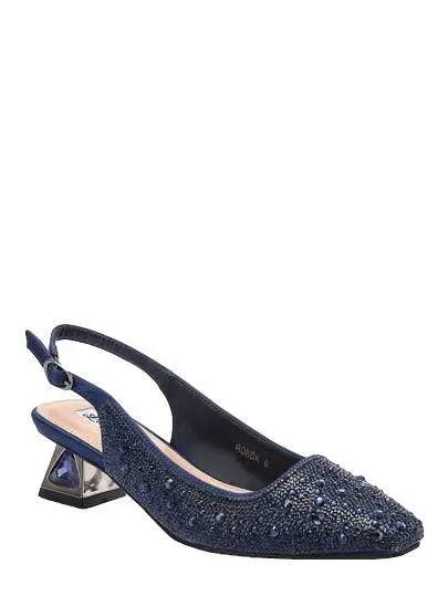 LADY COUTURE Rhinestone Jewel Heel Slingback Pumps - Navy