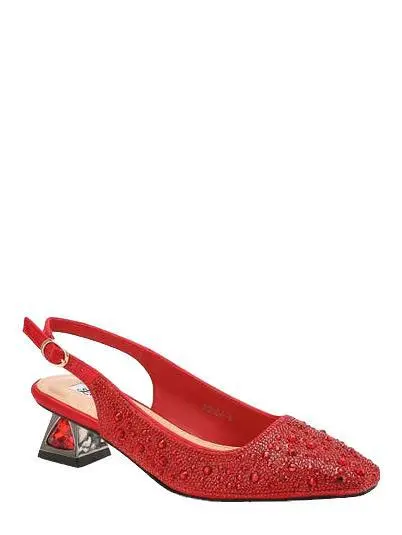 LADY COUTURE Rhinestone Jewel Heel Slingback Pumps - Red