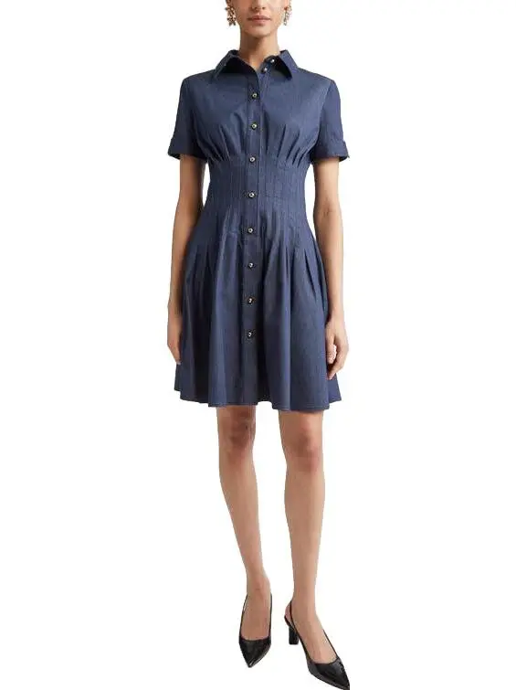 Carolina Herrera Pintuck Waist Stretch Denim Shirtdress - Dark Navy