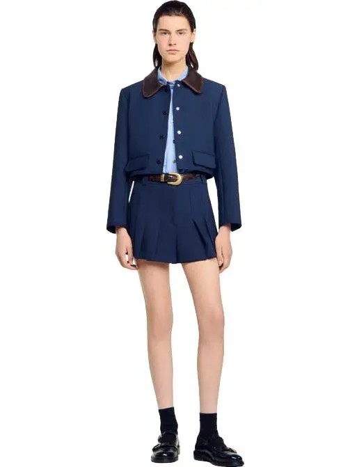 Sandro Cropped Jacket With Leather Collar - Navy Blue