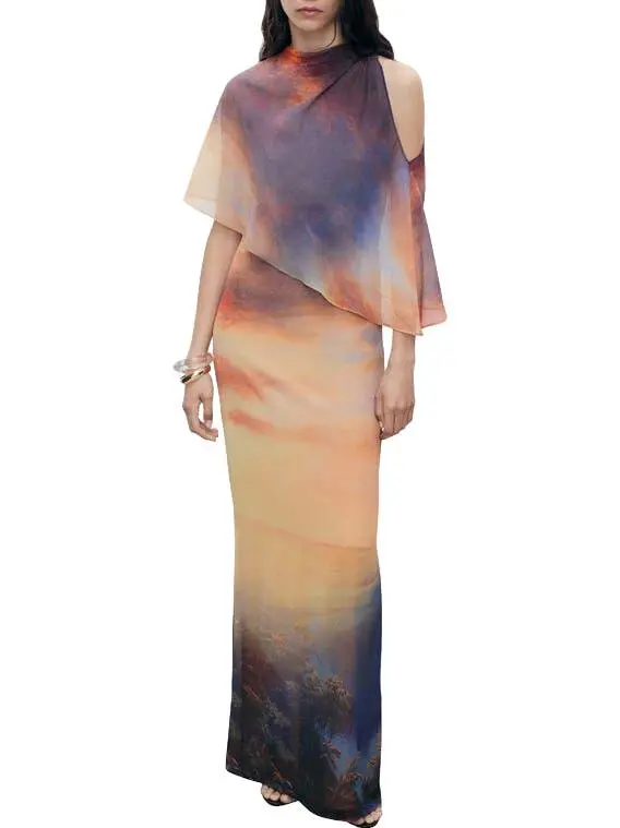 Mango Abstract Print Cape Detail Gown - Orange