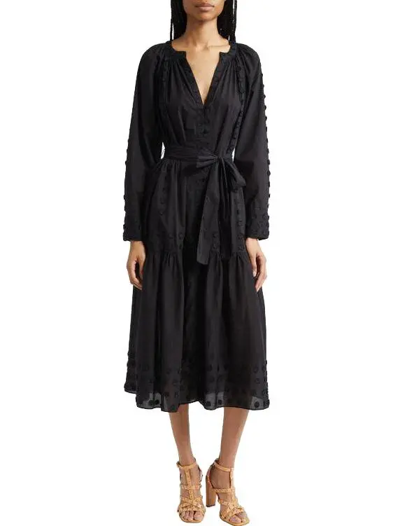 Ulla Johnson Emera Embroidered Tie Waist Long Sleeve Midi Dress - Noir