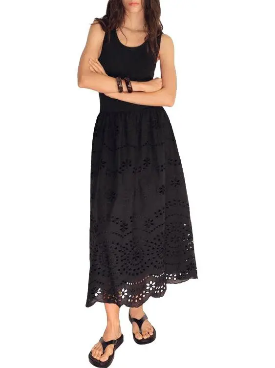 Mango Embroidered Eyelet Detail Mixed Media Cotton Blend Dress - Black