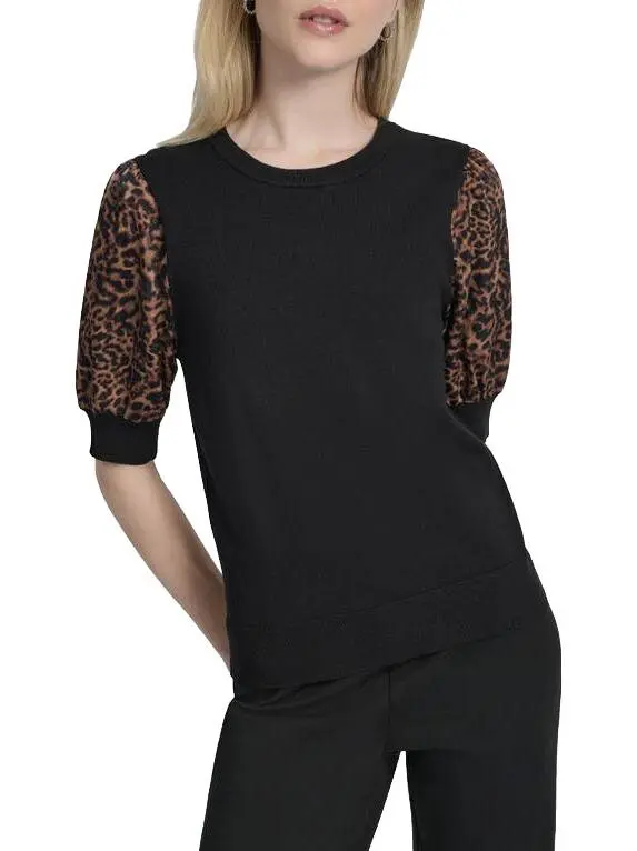 Dkny Mixed Media Puff Sleeve Sweater - Black
