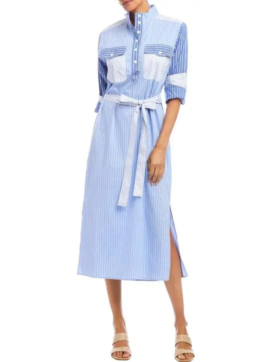 Karen Kane Mixed Stripe Belted Shirt Dress - Blue Stripe