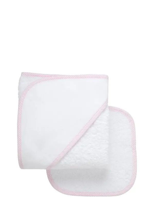 3 MARTHAS Seersucker Stripe Trim Hooded Towel & Washcloth Set - Pink