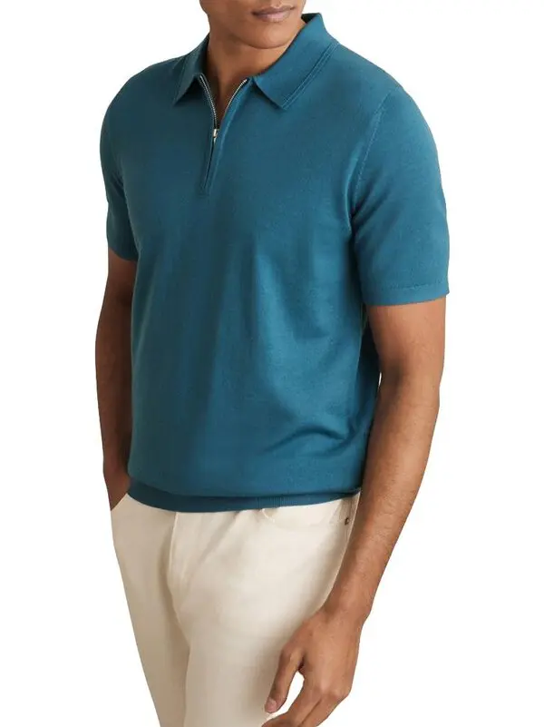 REISS Maxwell Quarter Zip Polo - Deep Teal Blue