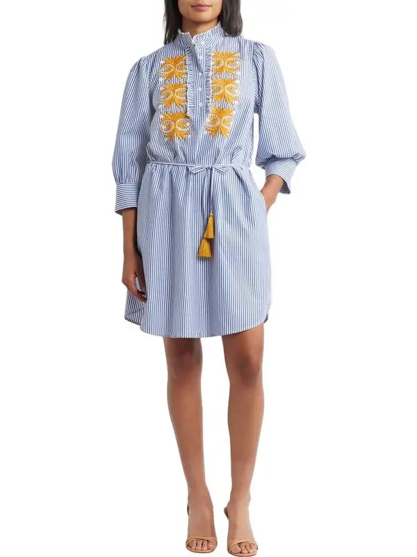 Julia Jordan Embroidered Tie Waist Long Sleeve Shirt Dress - Navy Ivory