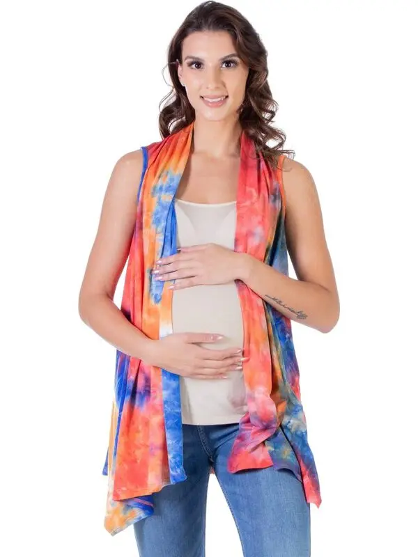 24SEVEN COMFORT APPAREL Maternity Tie Dye Open Front Shrug Vest - Orange Multi