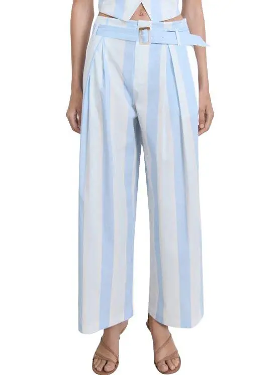 Mango Belted Stripe Straight Leg Pants - Sky Blue
