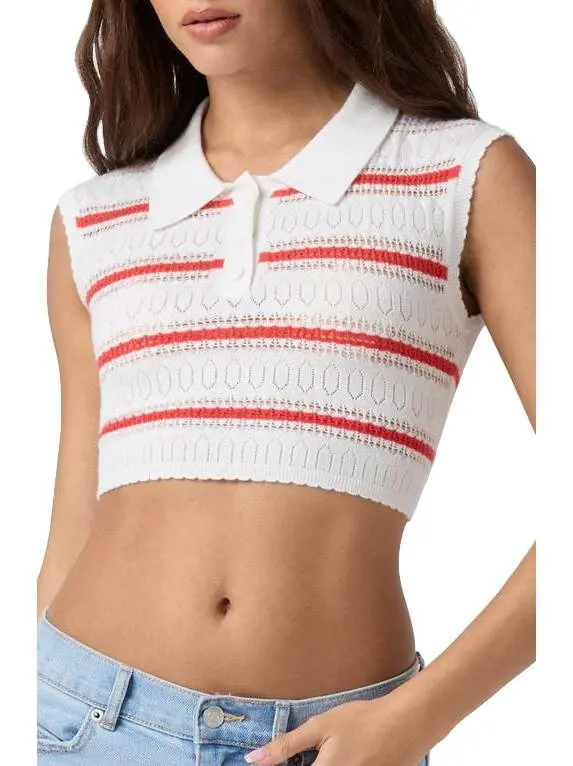 FLORENCE BY MILLS Stripe Pointelle Crop Polo - Bright White/poppy Red