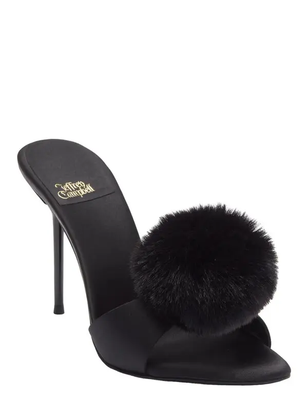 Jeffrey Campbell Faux Fur Pom Slide Sandal - Black Satin Combo