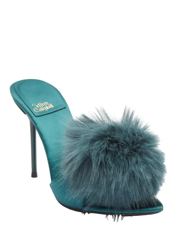 Jeffrey Campbell Faux Fur Pom Slide Sandal - Turquoise Satin Combo