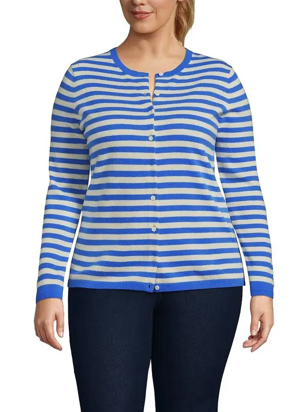 LANDS' END Cashmere Cardigan Sweater - Muted Cobalt/ivory Breton
