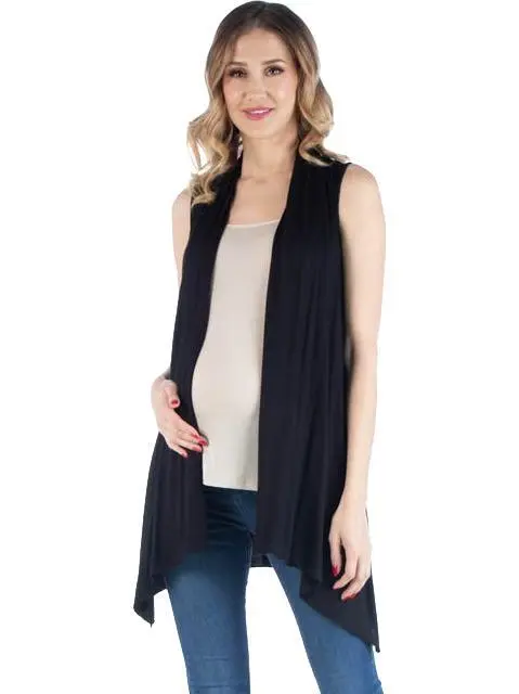 24SEVEN COMFORT APPAREL Maternity Draped Open Front Sleeveless Cardigan - Black