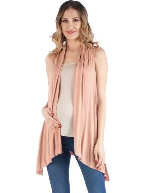 24SEVEN COMFORT APPAREL Maternity Draped Open Front Sleeveless Cardigan - Nude